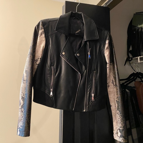 Collection B | Jackets & Coats | Black Leather Jacket Snake Skin Detail ...